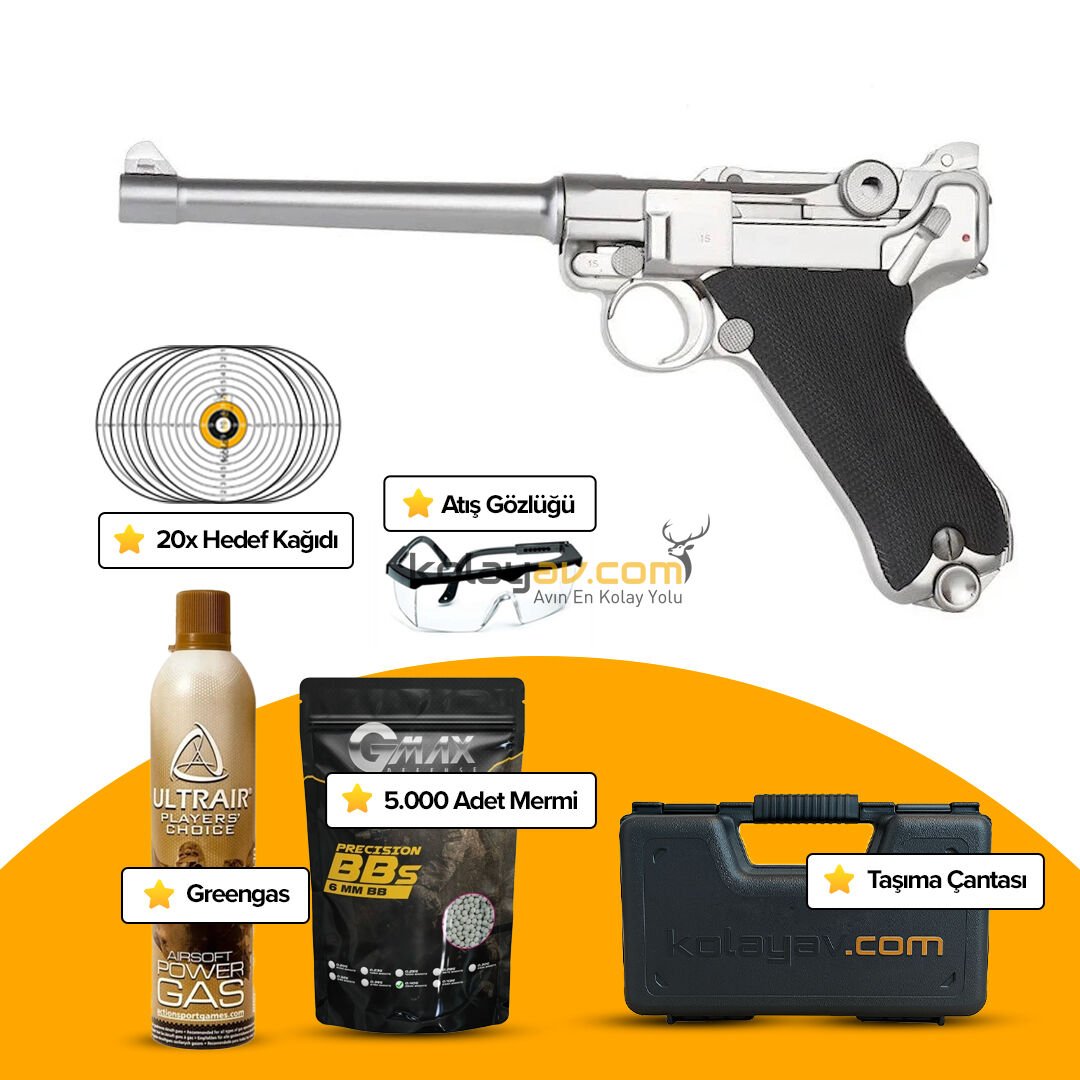 WE P08 Luger 6" Silver Blowback Airsoft Tabanca (Greengas)