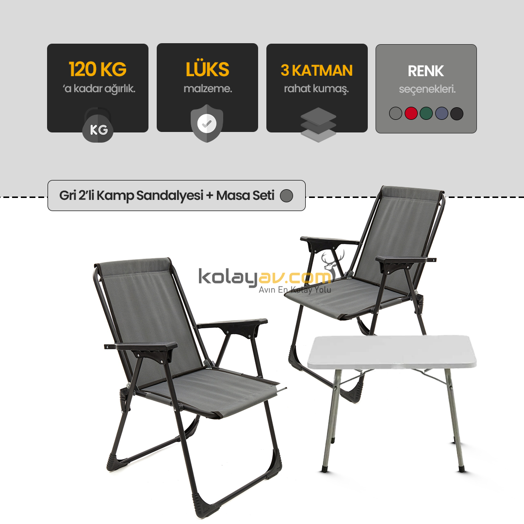 Katlanır Kamp Sandalyesi 2 Adet Gri - Masa Seti